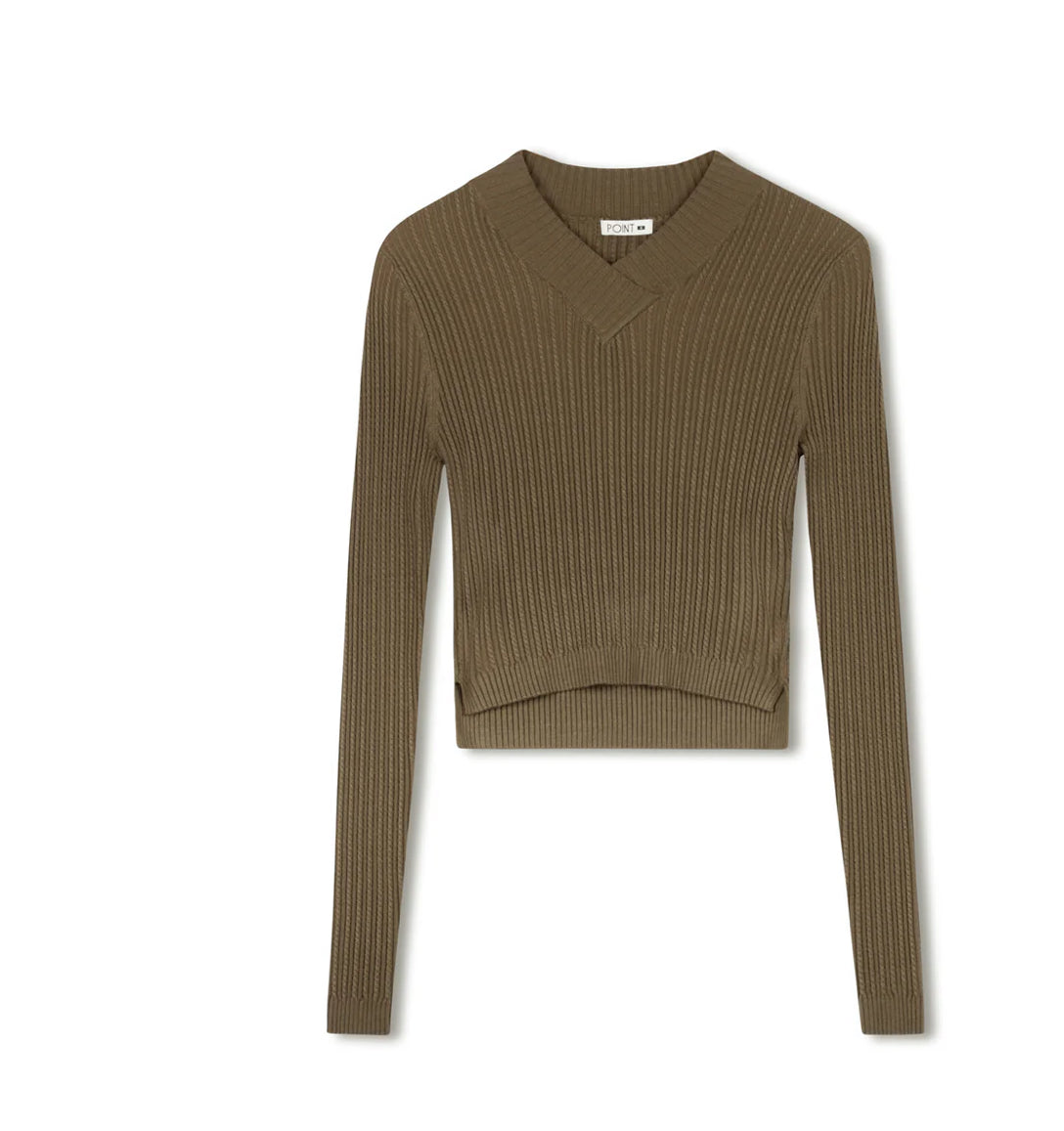 Point V-Neck Cable Sweater in Olive – Petit Perfection